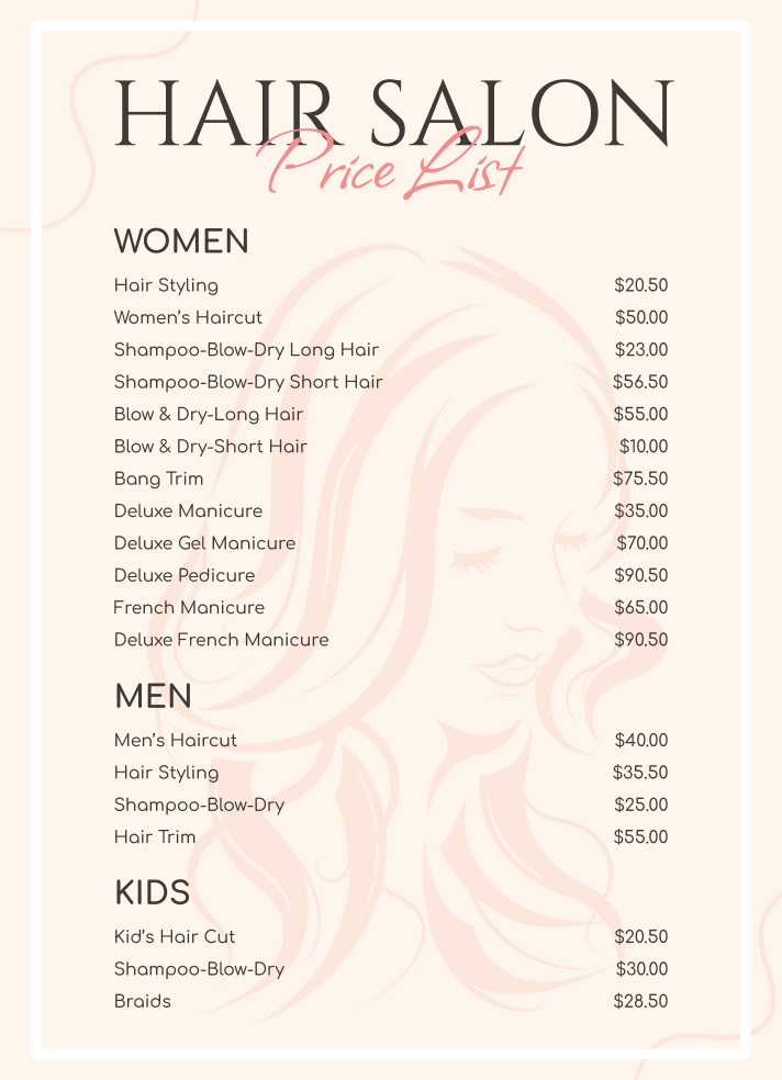 Hair Salon Price List Free Google Docs Template gdoc.io
